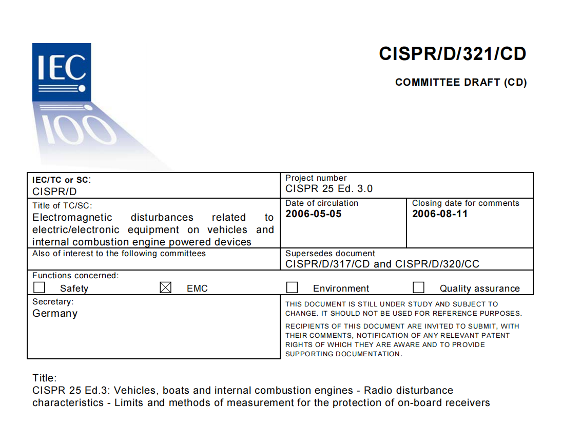 汽车EMC标准CISPR 25-2008